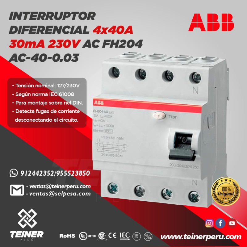 ABB - INTERRUPTOR DIFERENCIAL 4X40A 30MA 230V AC FH204 AC-40/0.03 - TEINER