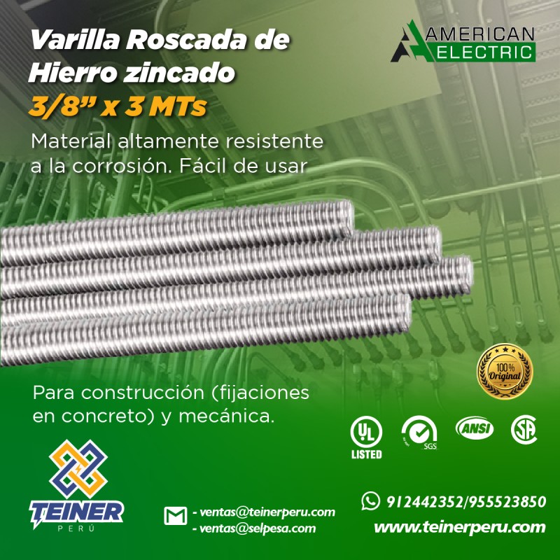 AMERICAN ELECTRIC - VARILLA ROSCADA DE HIERRO ZINCADO 3/8´´ X 3MTS - TEINER