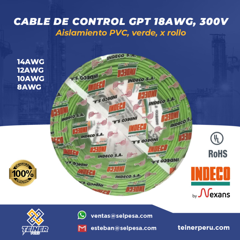 INDECO - CABLE DE CONTROL GPT 18AWG, 300V AISLADO PVC COLOR VERDE - TEINER